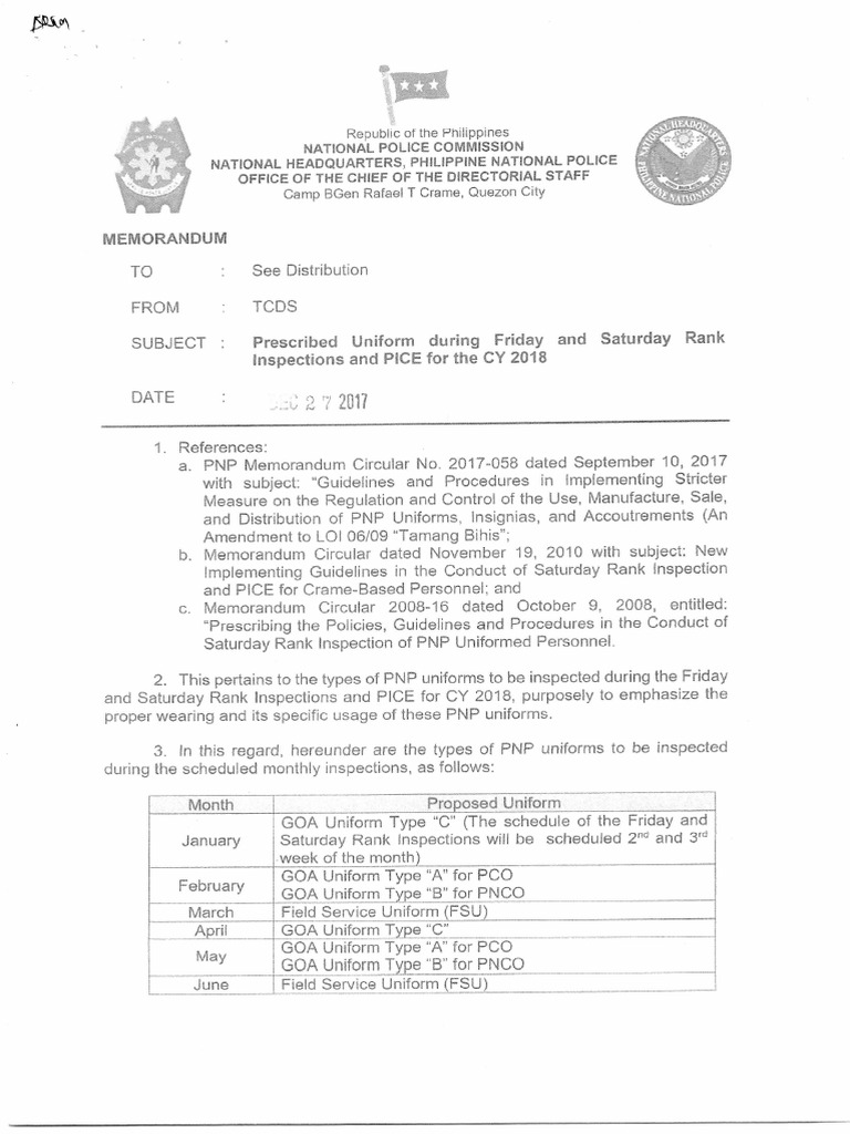 PNP Uniform Inspection Guidelines 2018 | PDF | Government | Justice