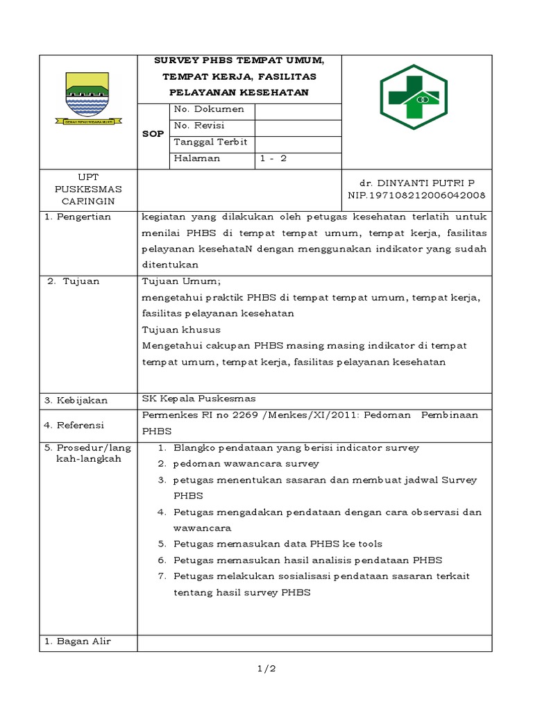 Sop Survey PHBS Tempat Umum, Tempat Kerja, Fasilitas Pelayanan ...
