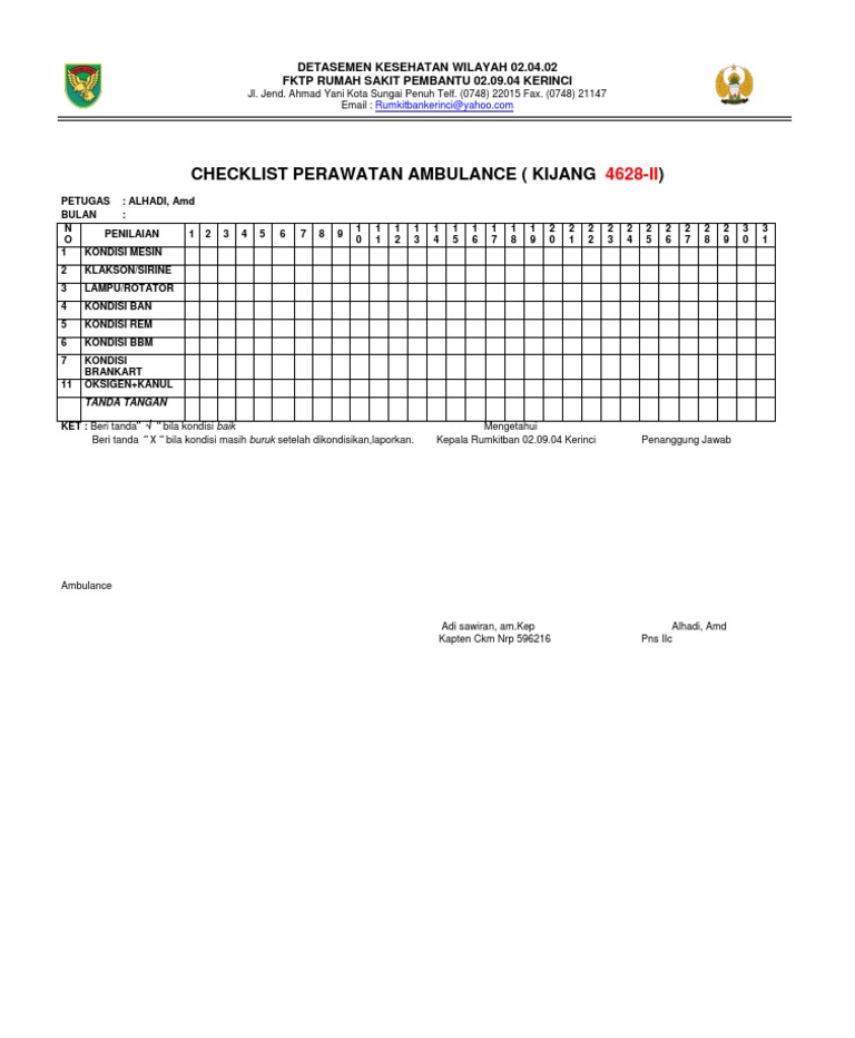 Checklist Perawatan Ambulance | PDF