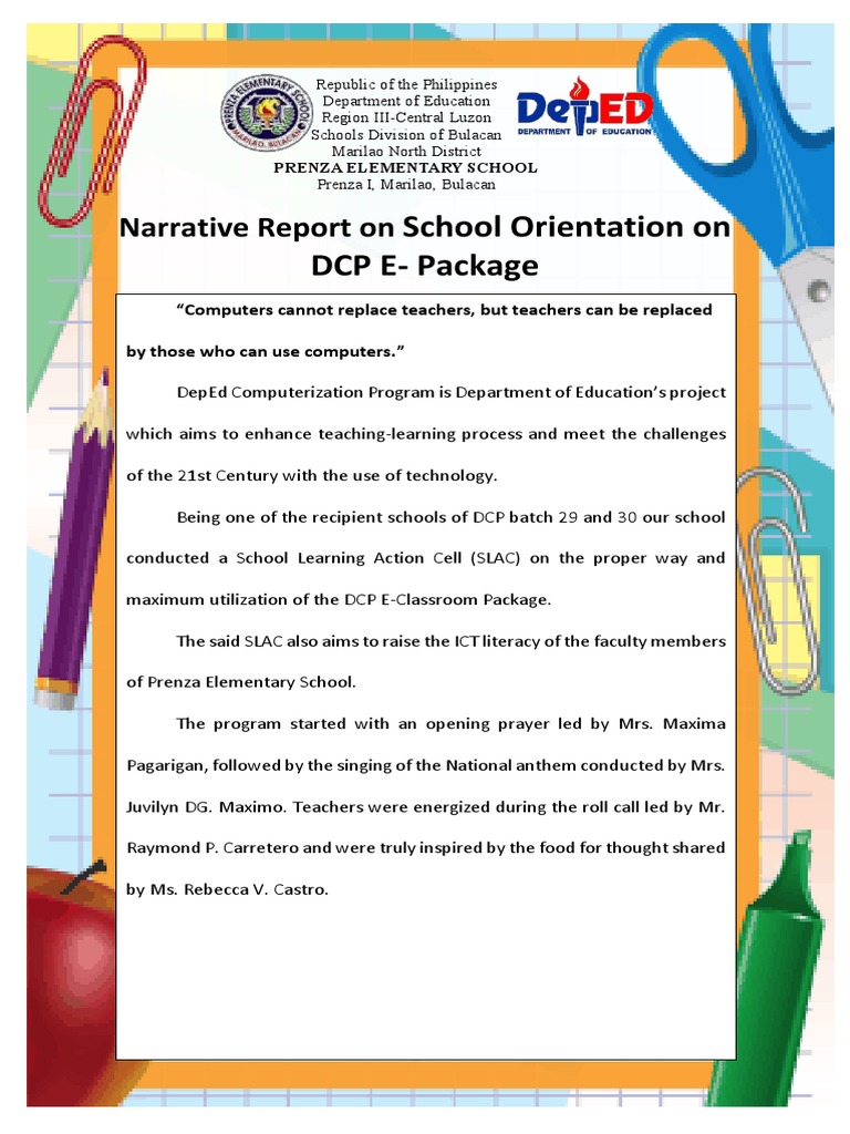 Narrative Report On School Orientation On DCP E | PDF