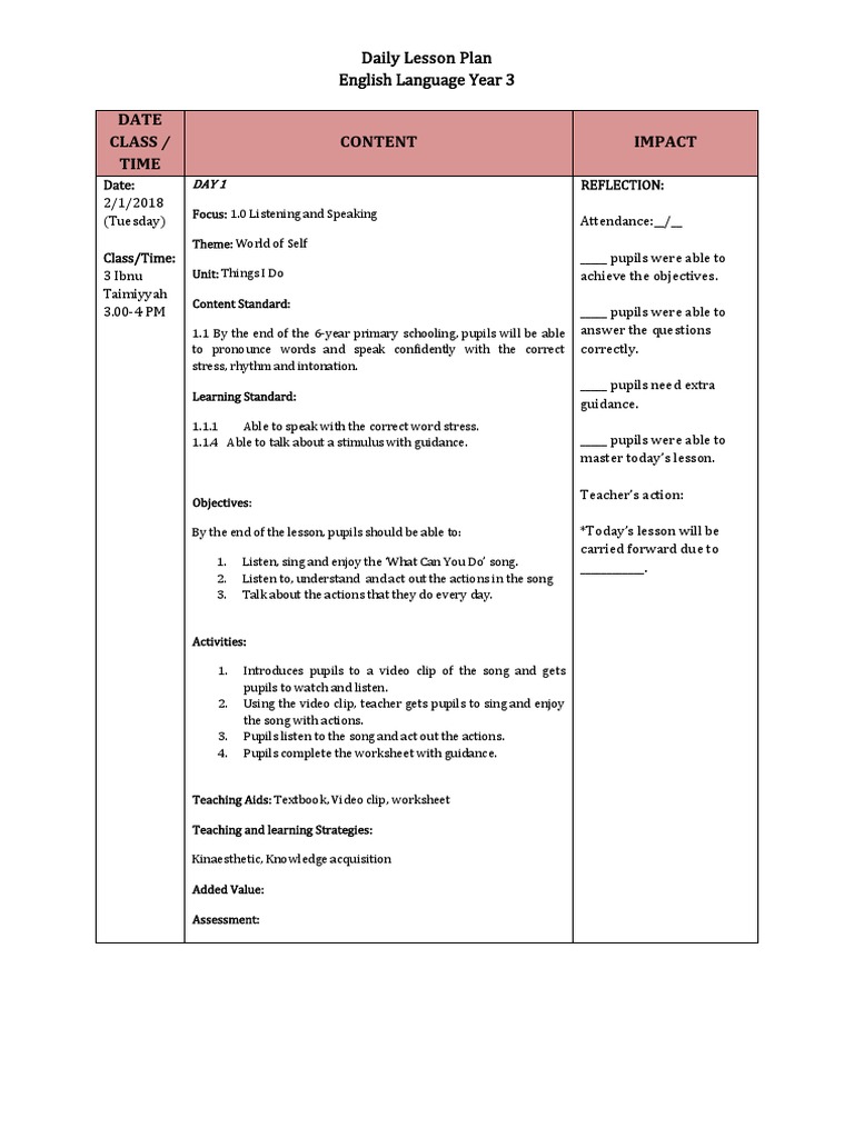 Date Class / Time Content Impact: Daily Lesson Plan English Language ...