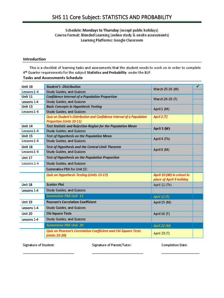 SHS 11 Statistics and Probability BLP - Sy 18-19.checklist | PDF | Quiz ...