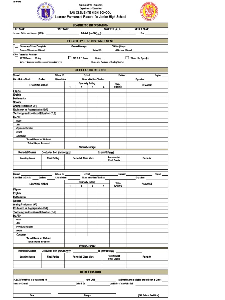 School Form 10 SF10 Learners Permanent Academic Record For Junior High ...