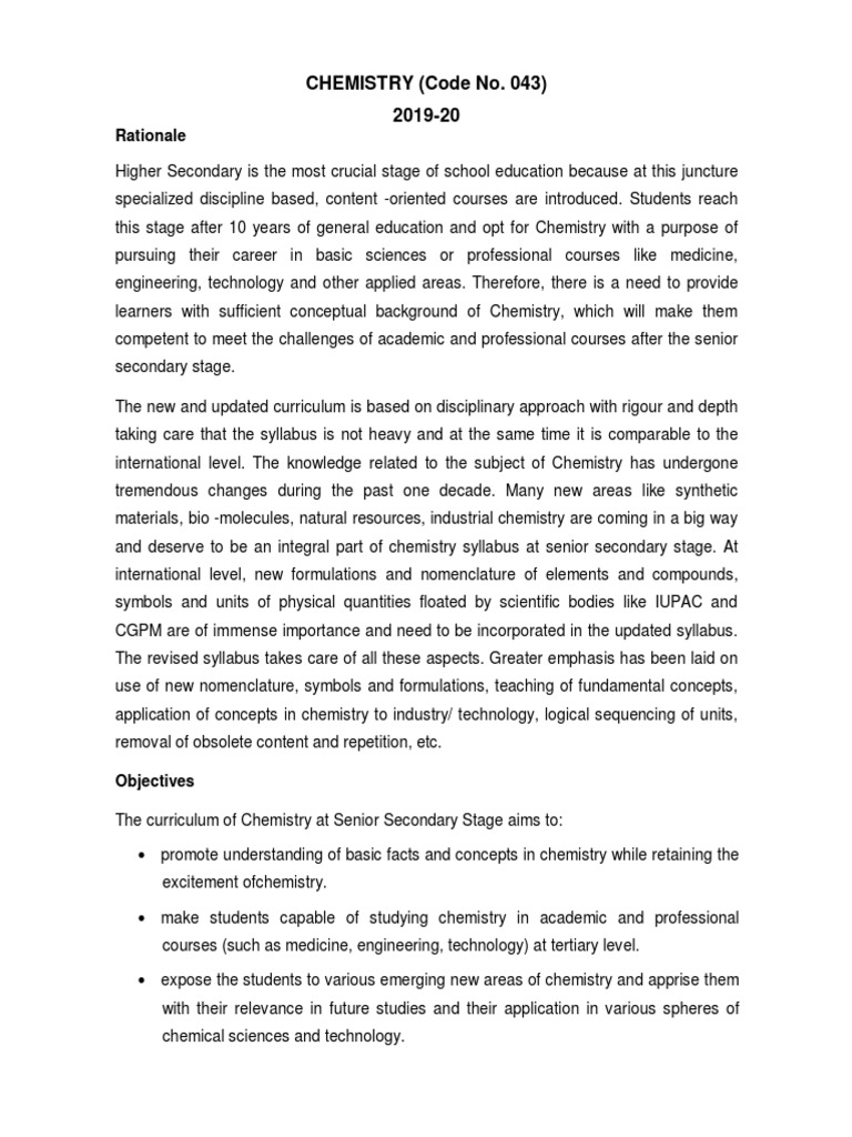 CHEMISTRY (Code No. 043) 2019-20: Rationale | PDF | Covalent Bond ...