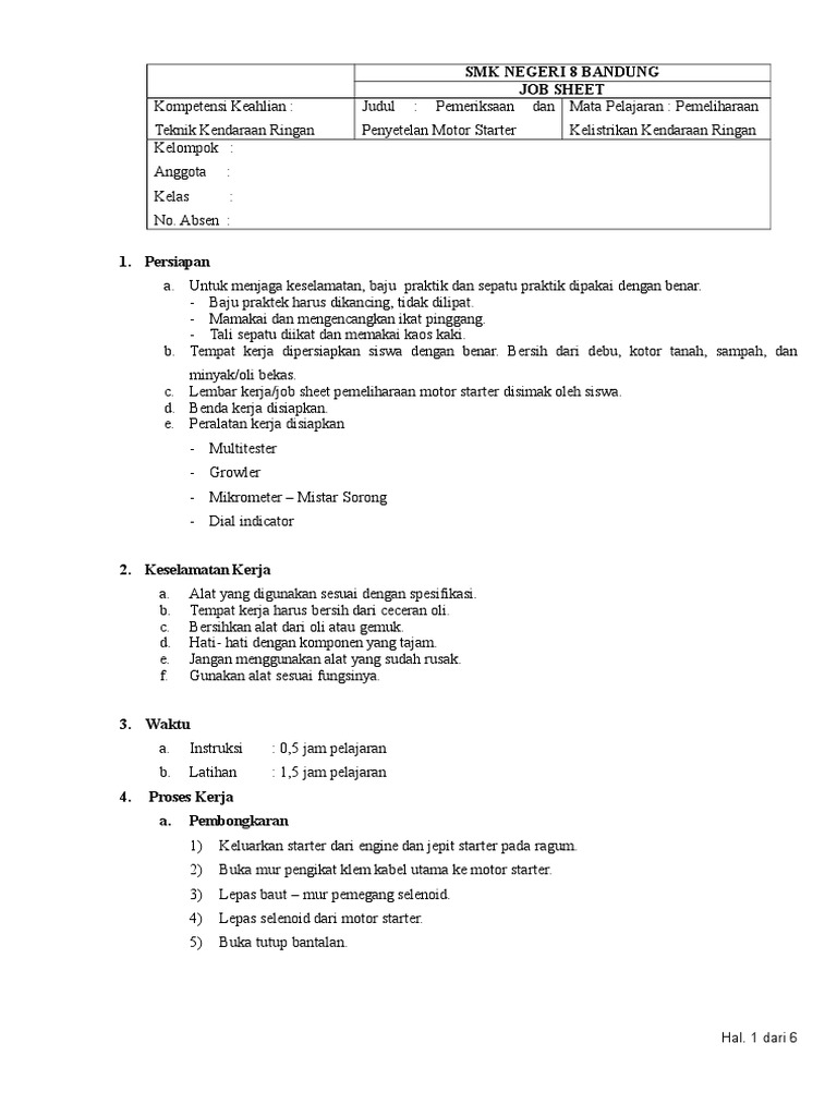 Job Sheet: Pemeliharaan Motor Starter | PDF | Teknologi & Rekayasa