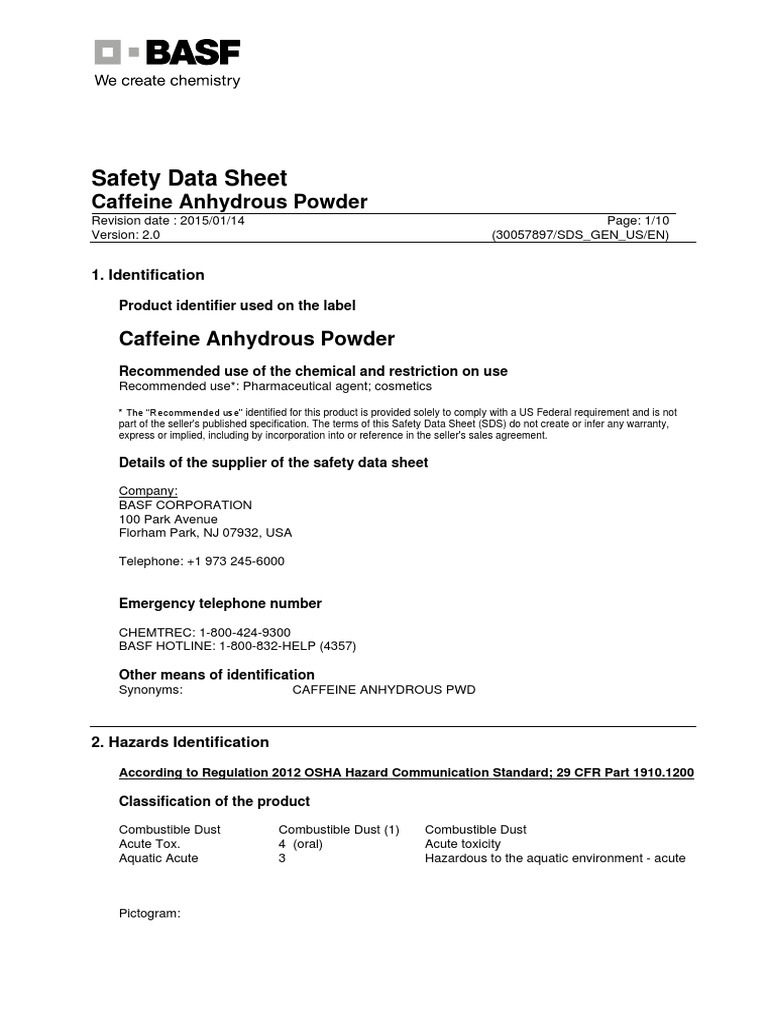 Caffeine Sds | PDF | Toxicity | Firefighting