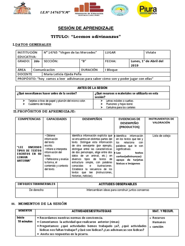 Sesion de Aprendizaje Adivinanzas 2do Grado | PDF | Información | Aprendizaje