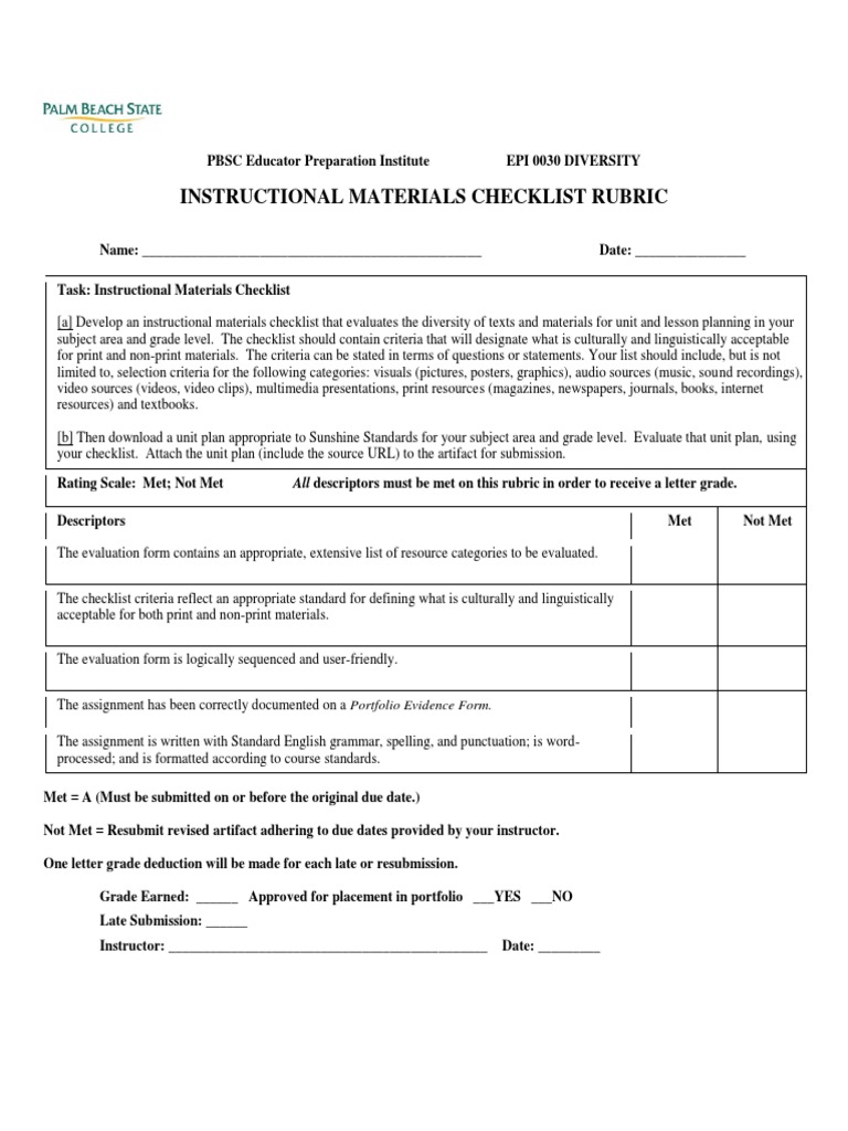 Diversity Instructional Materials Checklist | PDF | Rubric (Academic ...