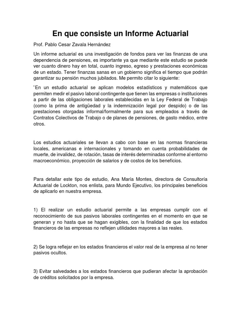 En Que Consiste Un Informe Actuarial | PDF