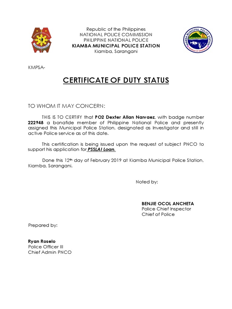 Certificate of Duty Status for Police Officer | PDF