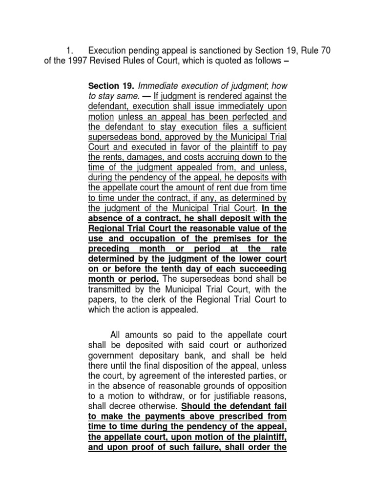 Execution Pending Appeal - Ejectment | PDF | Supersedeas Bond ...