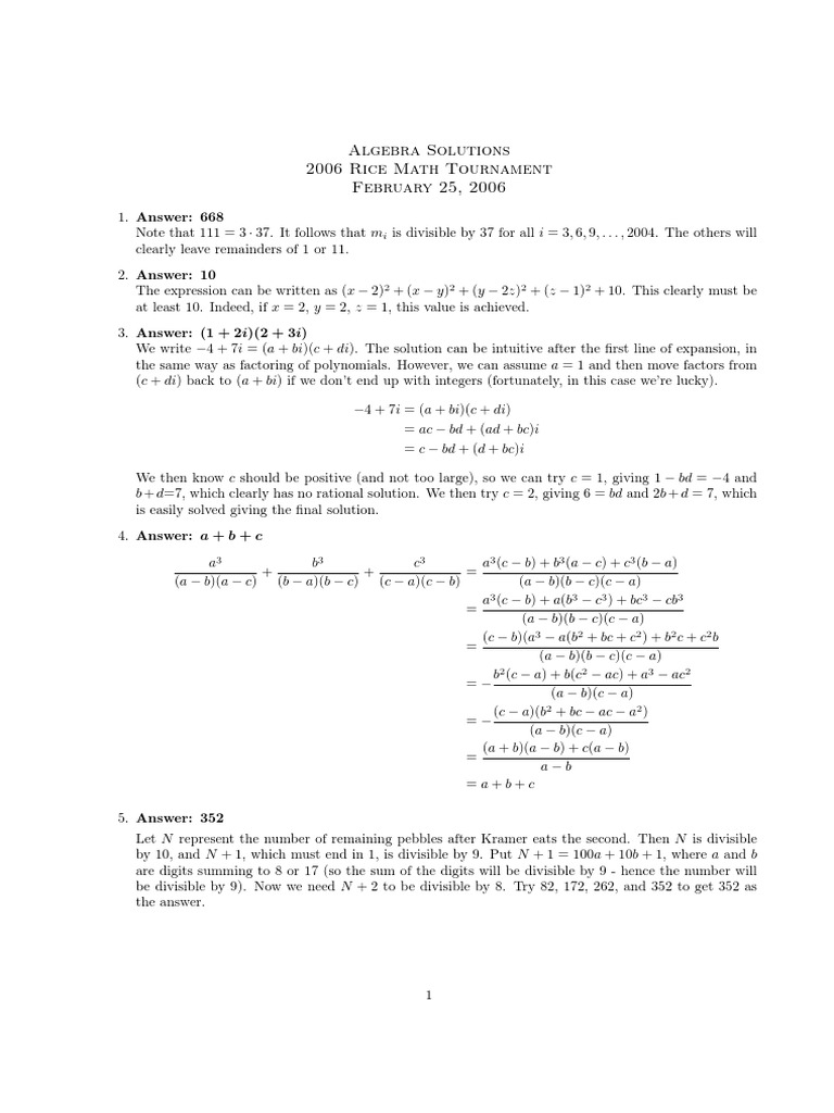 Algebra Solutions 2006 Rice Math Tournament February 25, 2006 | PDF ...