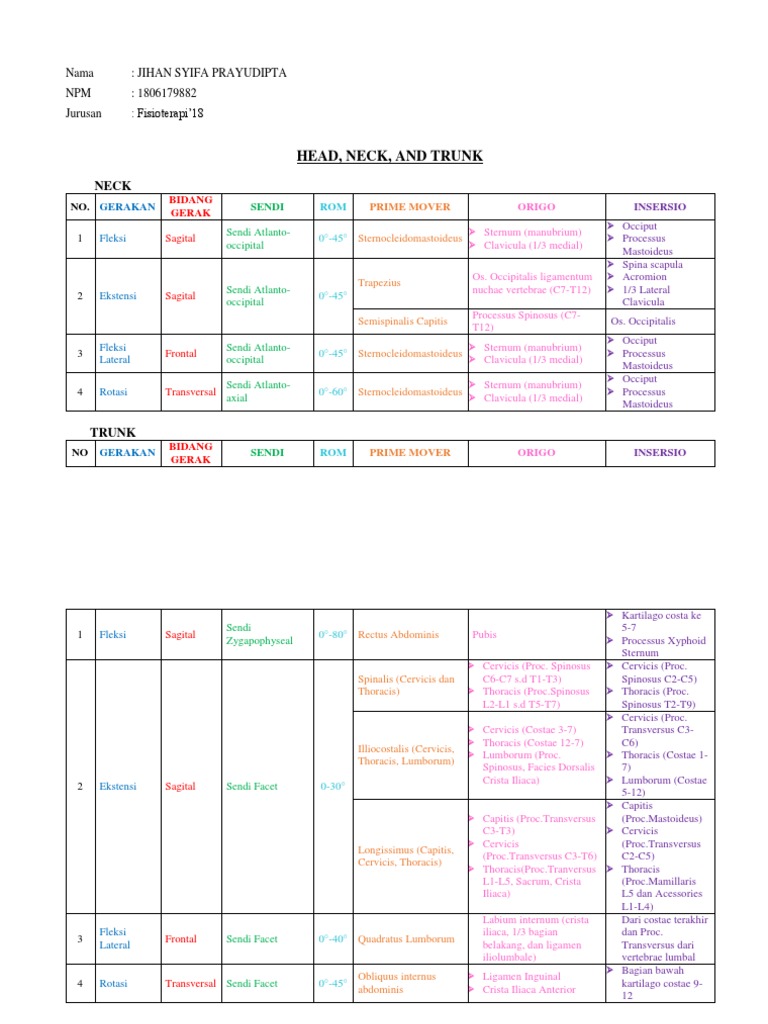 Tabel Rom Head Neck and Trunk Neck PDF | PDF | Thumb | Human Anatomy