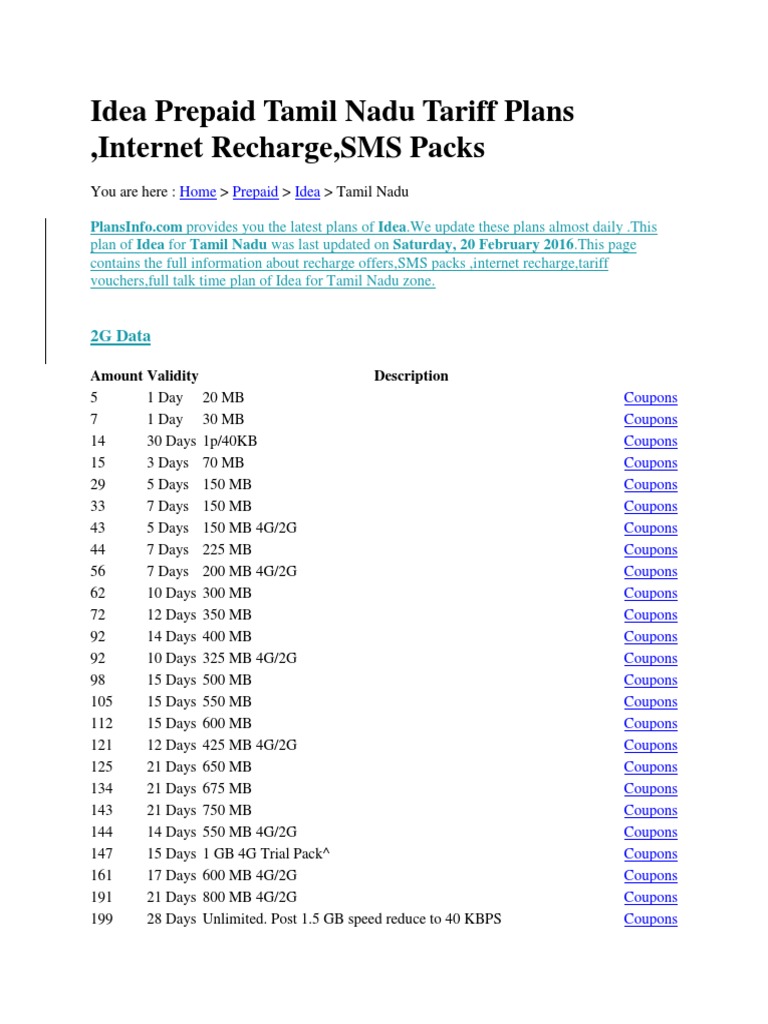 Idea Prepaid Plans and Tariffs in Tamil Nadu: A Comprehensive Guide to ...