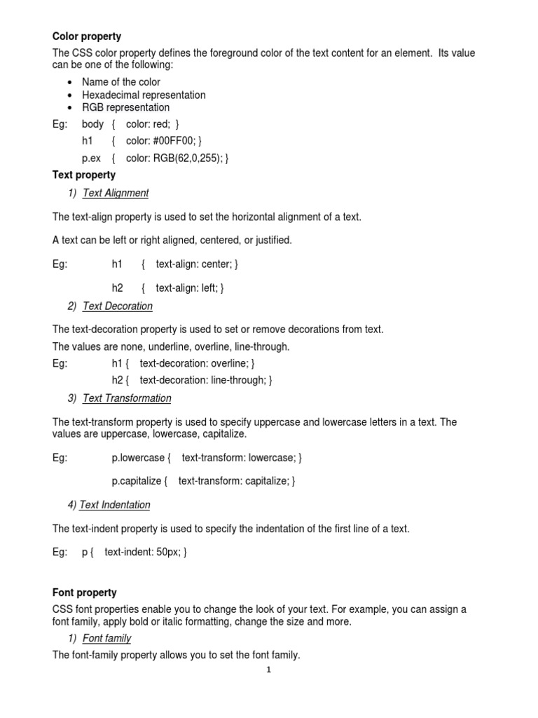 1) Text Alignment: Color Property | PDF | Typefaces | Cascading Style Sheets