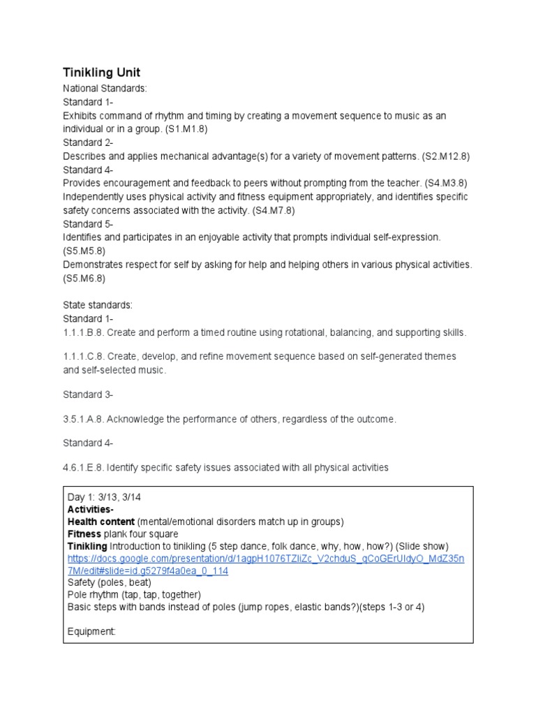 Tinikling Unit | PDF | Dances | Rubric (Academic)