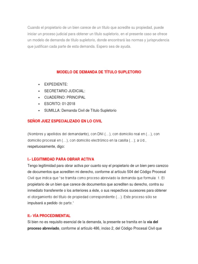 Modelo de Titulo Supletorio | PDF | Propiedad | Demanda judicial