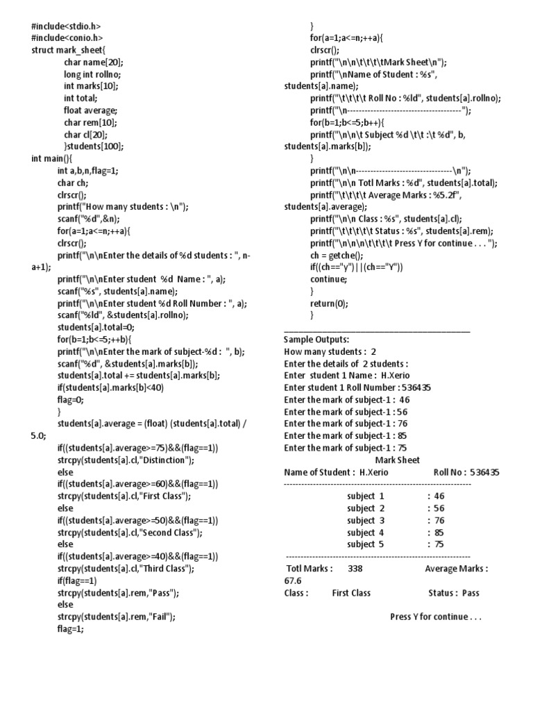 C Program For Marksheet Using Structures | PDF | Computer Standards | Unix Software