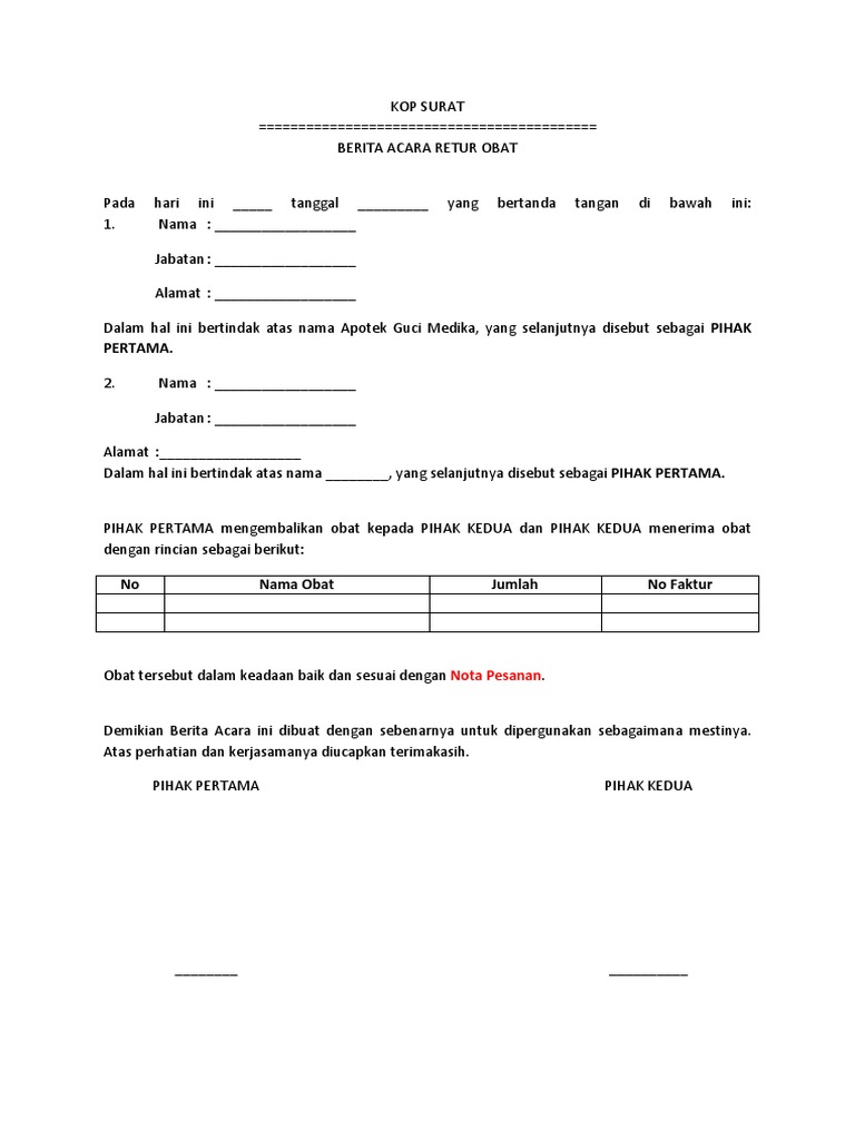 Berita Acara Retur Obat | PDF | Kesehatan Holistik
