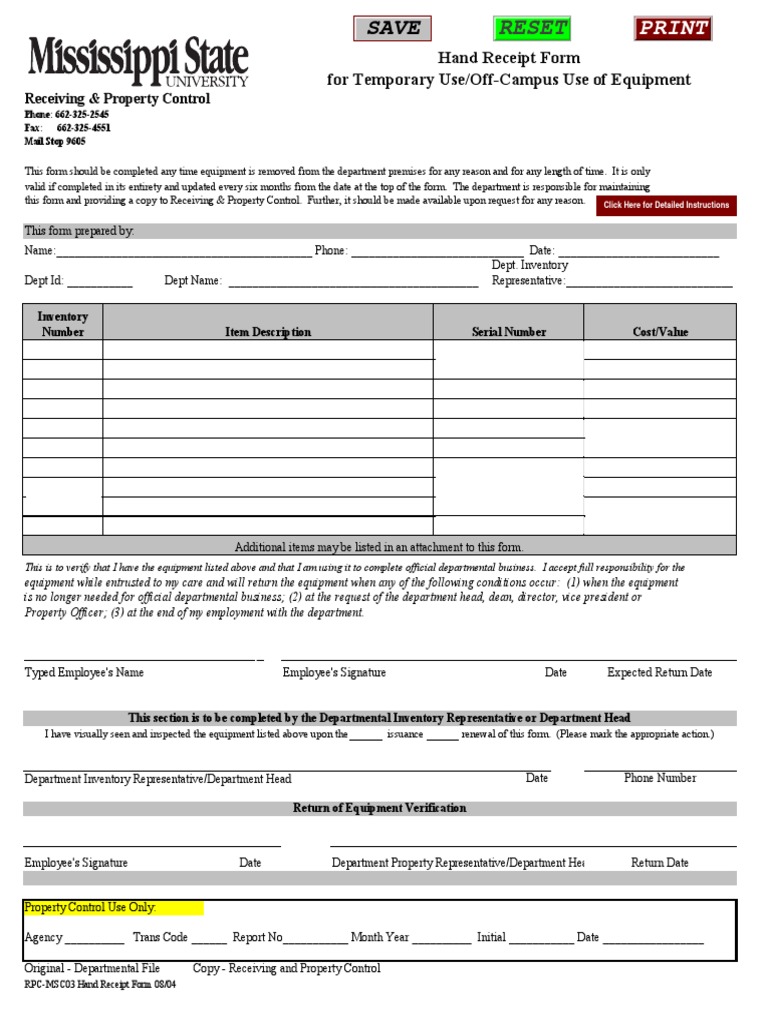 Hand Receipt Form For Temporary Use/Off-Campus Use of Equipment | PDF ...