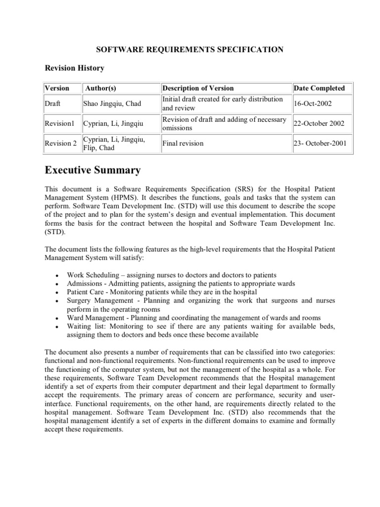 SRS For Hospital Management System | PDF | Patient | Hospital