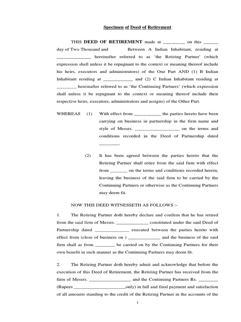 Specimen of Deed of Retirement | Download Free PDF | Partnership | Deed