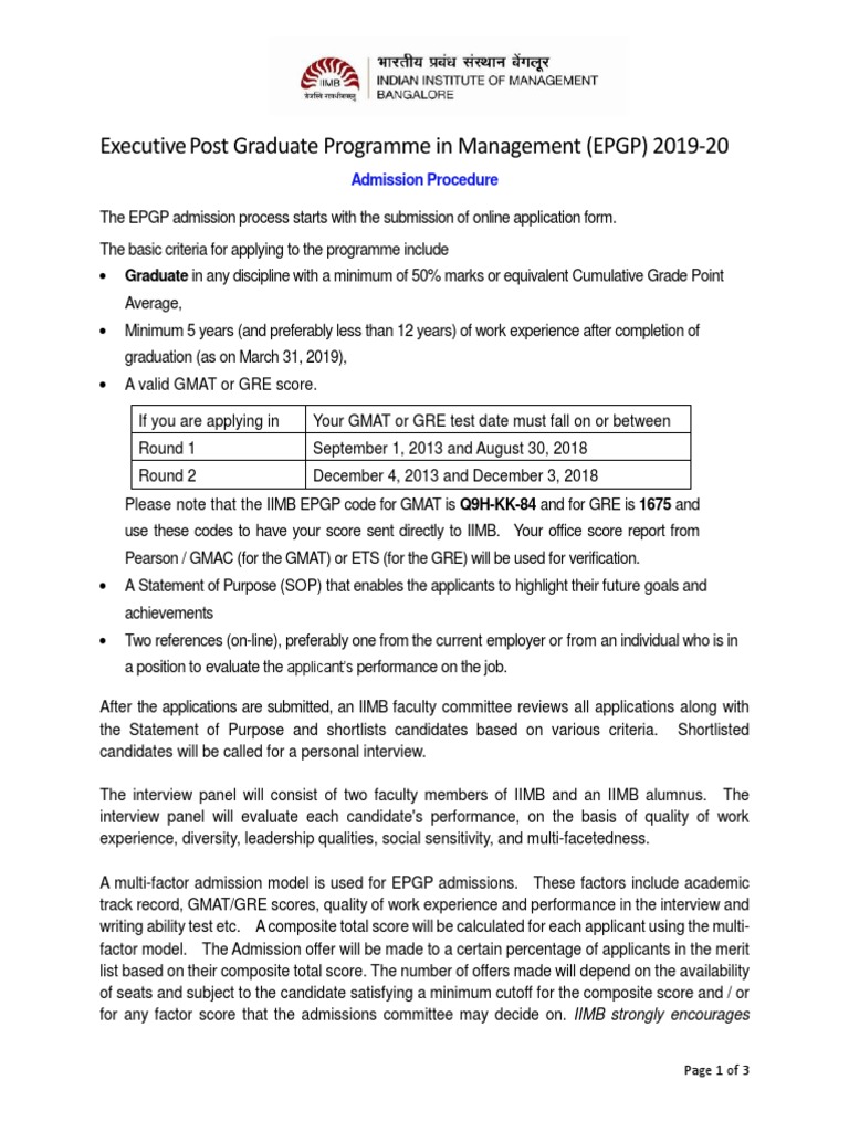 Executive Post Graduate Programme in Management (EPGP) 2019-20 | PDF | Graduate Record ...