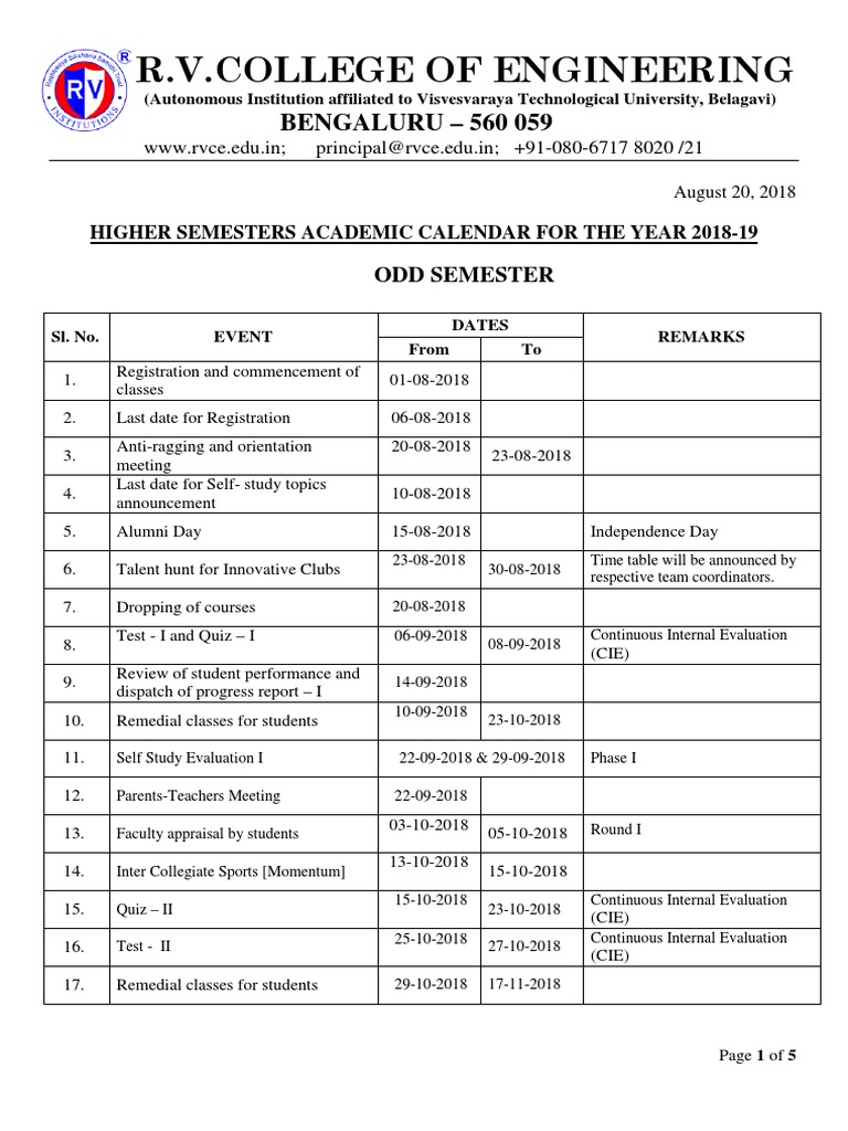 R.V. College of Engineering Academic Calendar for 2018-19 Odd and Even ...