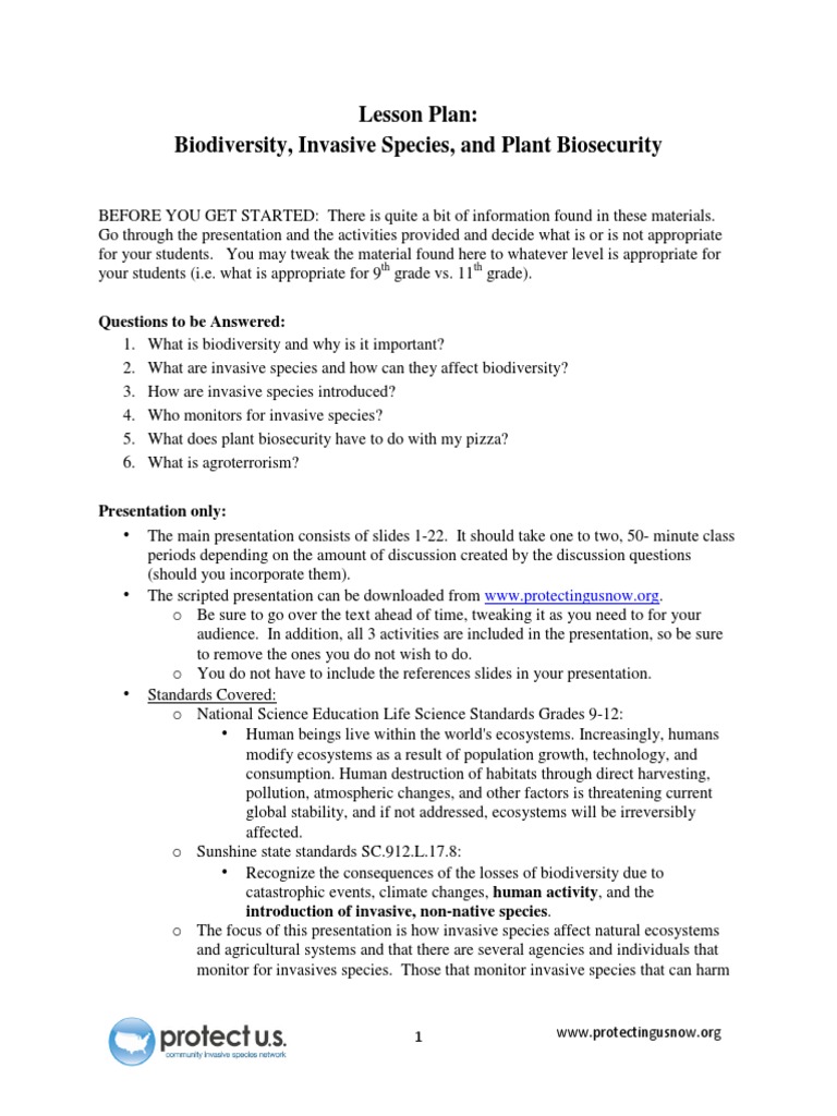 Lesson Plan: Biodiversity, Invasive Species, and Plant Biosecurity ...
