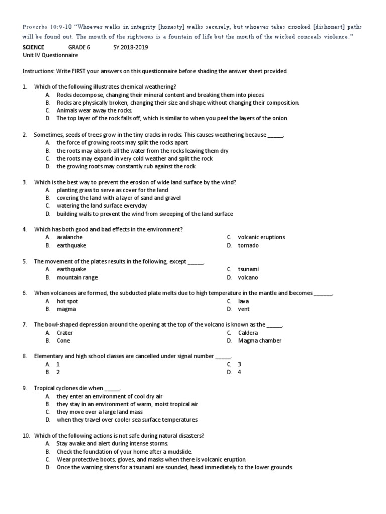 Grade 6 Science Unit IV Questionnaire | PDF | Volcano | Atoms