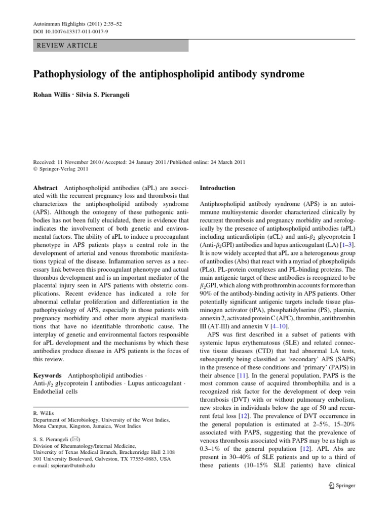 Pathophysiology of The Antiphospholipid Antibody Syndrome | PDF ...