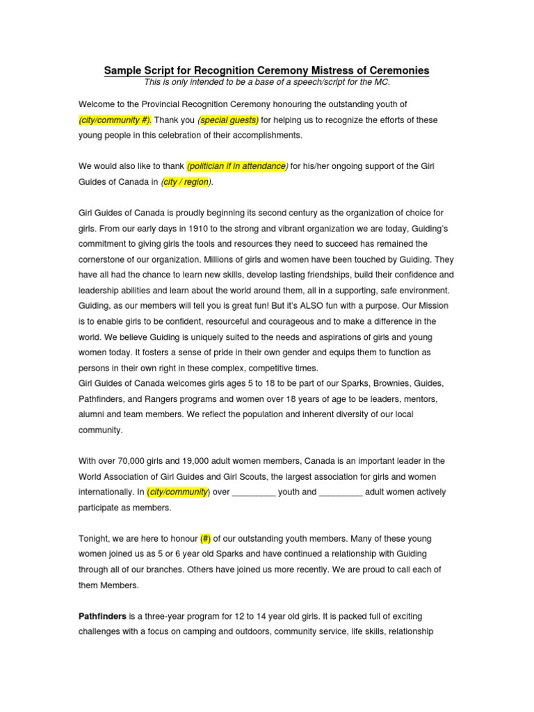 Sample Script For Recognition Ceremony Mistress of Ceremonies Jan 2011 ...