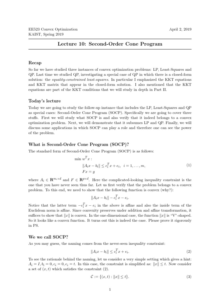 Lecture 10: Second-Order Cone Program: Recap | Download Free PDF | Mathematical Analysis ...