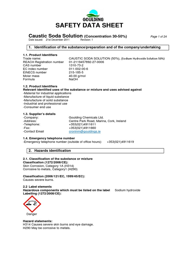 Caustic Soda Solution Safety Data | PDF | Sodium Hydroxide | Dangerous ...