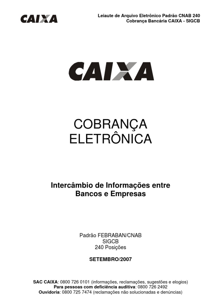 Leiaute CNAB 240: Cobrança CAIXA | PDF | Modelo cliente – Servidor ...
