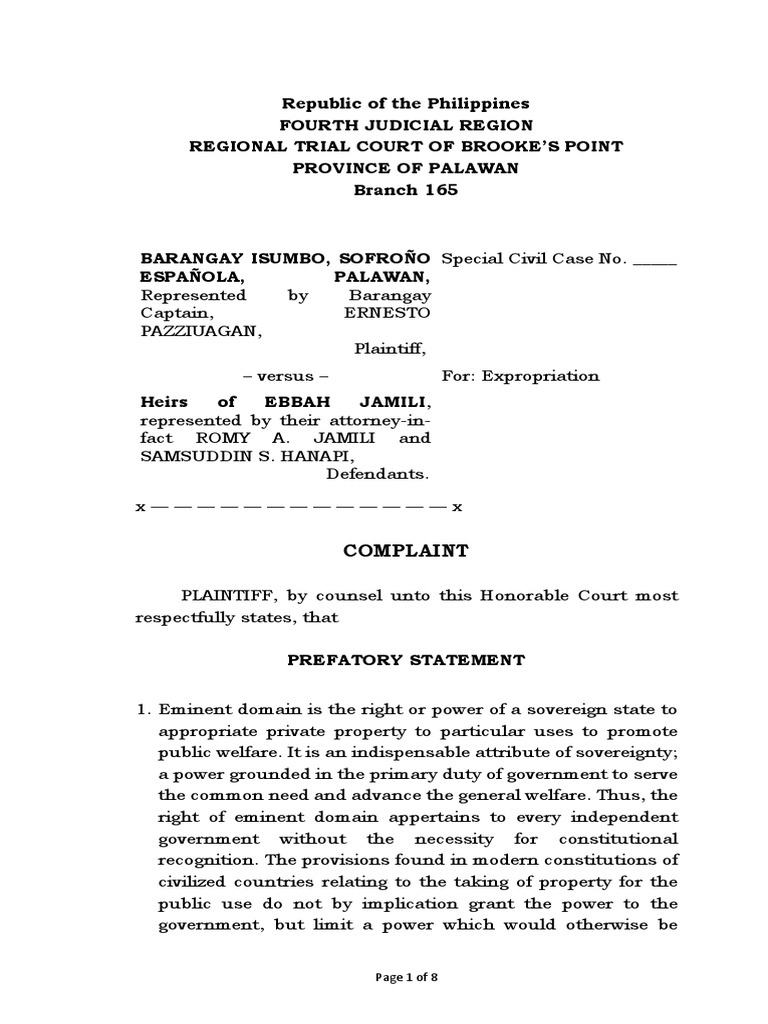Verified Complaint For Expropriation | PDF | Eminent Domain | Government