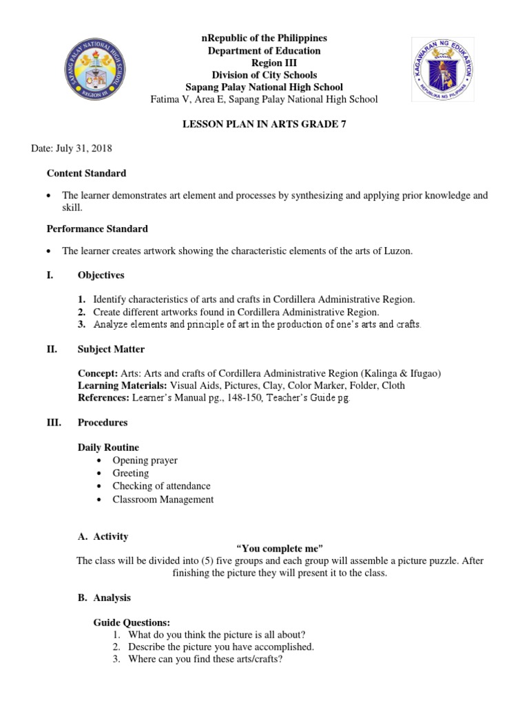 Lesson Plan Arts of CAR | PDF | Lesson Plan