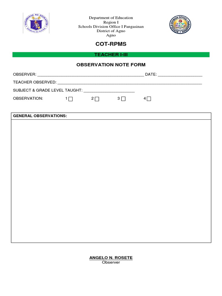 Cot-Rpms: Teacher I-Iii Observation Note Form | PDF