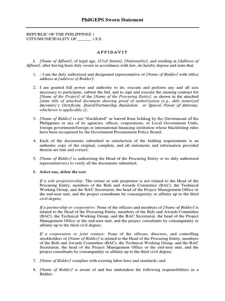 PhilGEPS Sworn Statement Template | PDF | Affidavit | Common Law