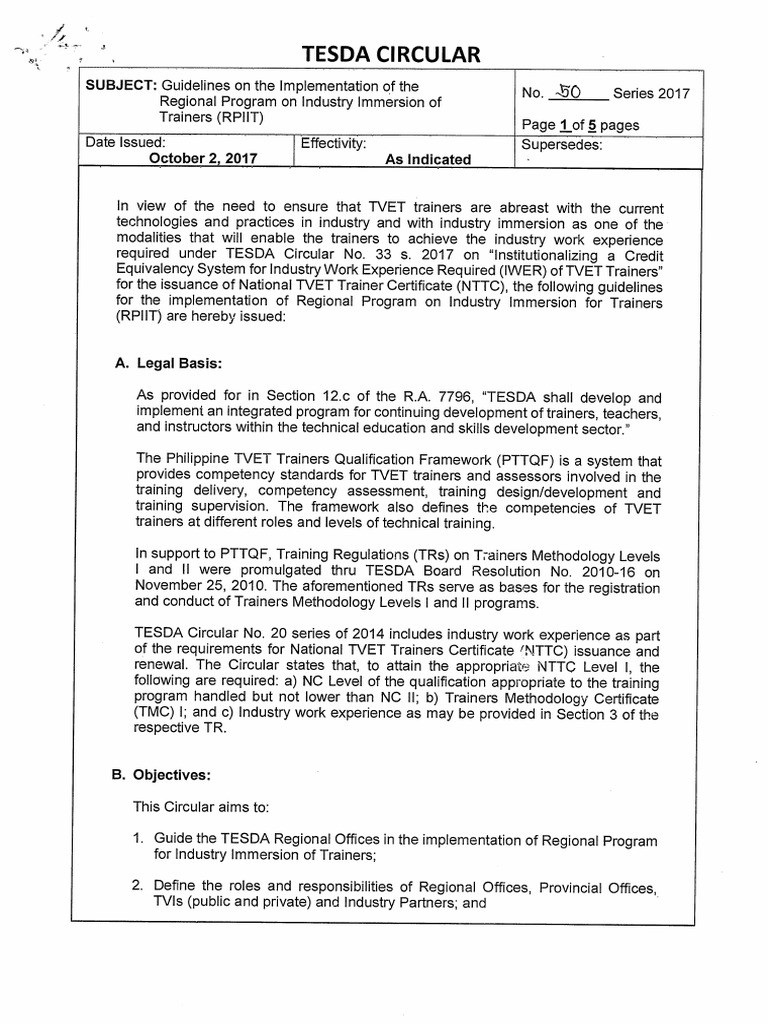 Tesda Circular 050-2017 PDF | PDF | Vocational Education | Behavior ...
