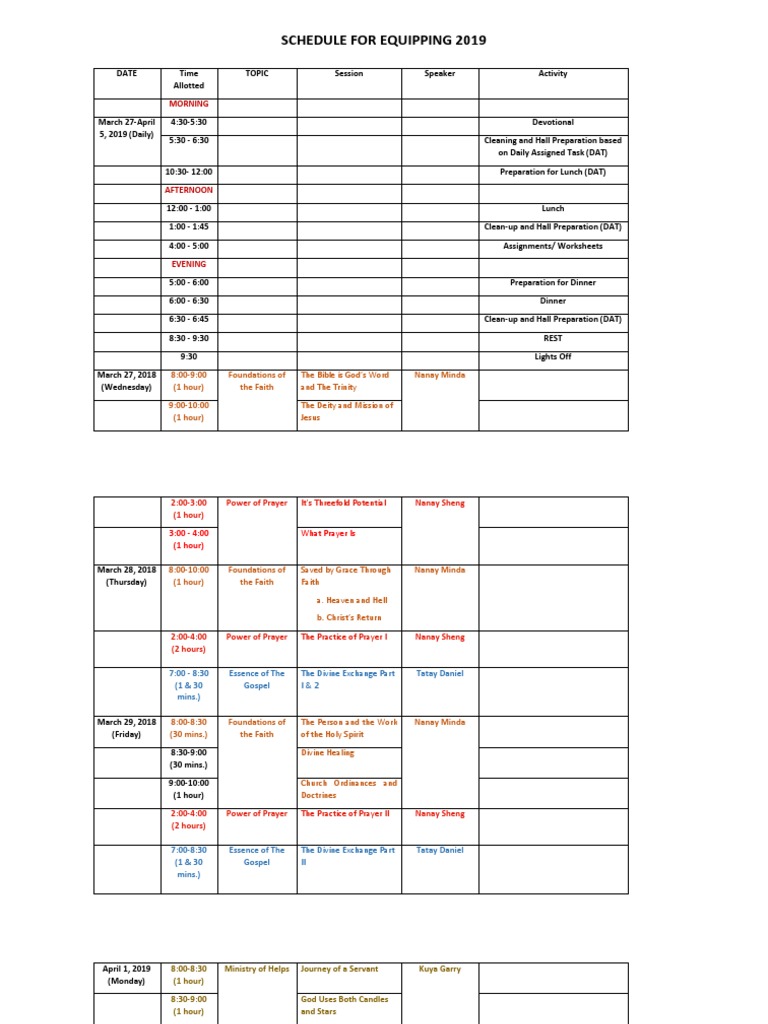 Class Schedule For Equipping 2019 | PDF | Divinity | Prayer
