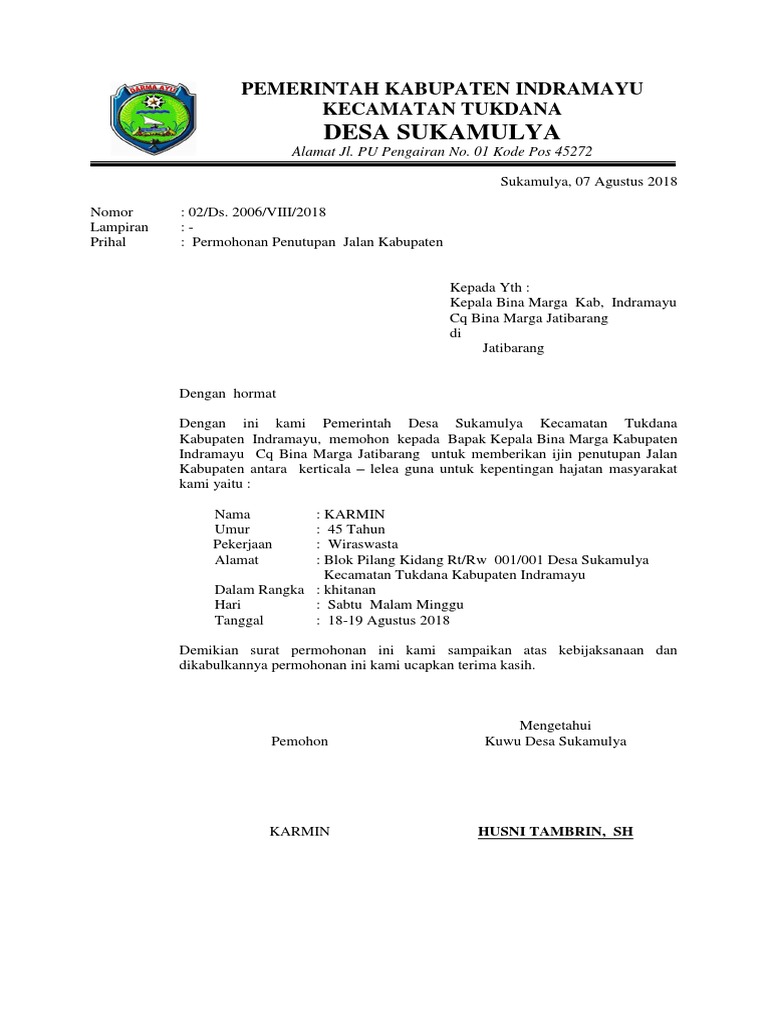 Surat Permohonan Penutupan Jalan | PDF