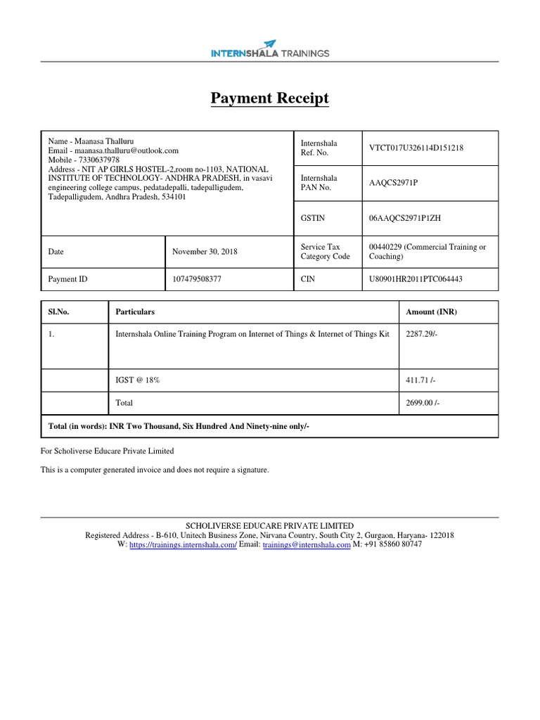 Internshala Training Payment Receipt | PDF