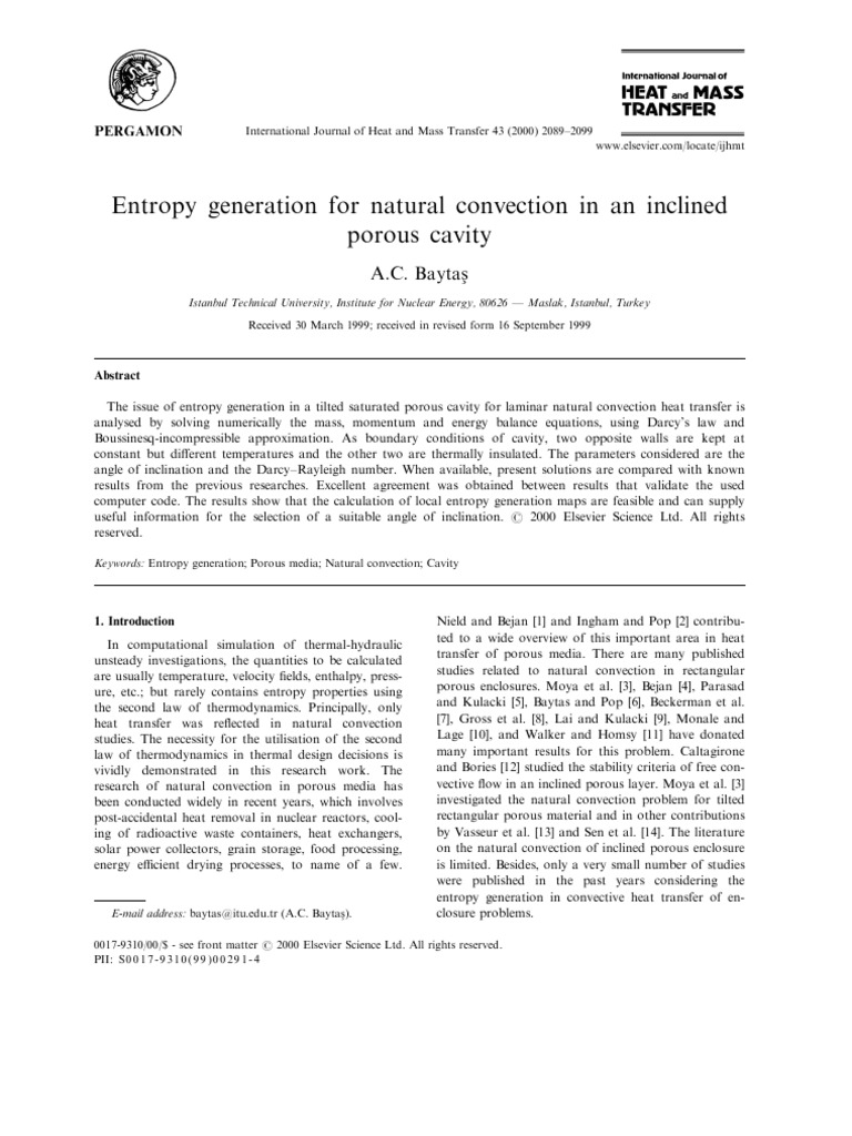 Entropy Generation For Natural Convection In An Inclined Porous Cavity
