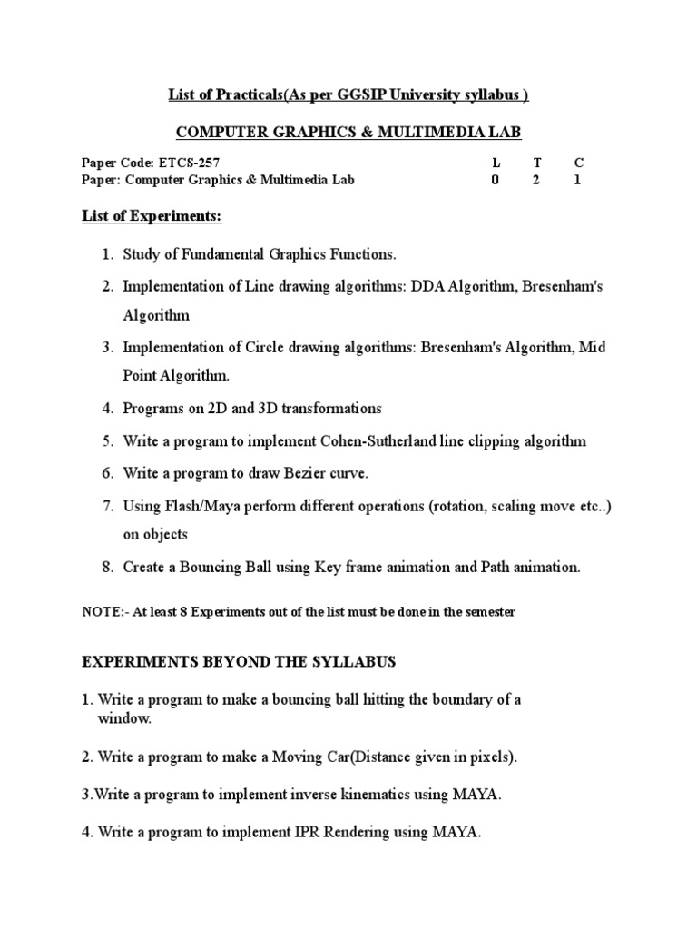 List of Practicals (As Per GGSIP University Syllabus) Computer Graphics & Multimedia Lab | PDF