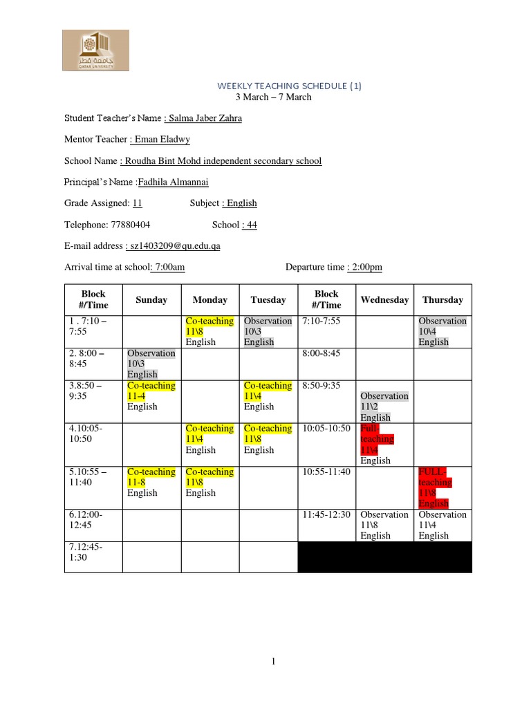Weekly Teaching Schedule (1) : Block #/time Sunday Monday Tuesday Block #/time Wednesday ...
