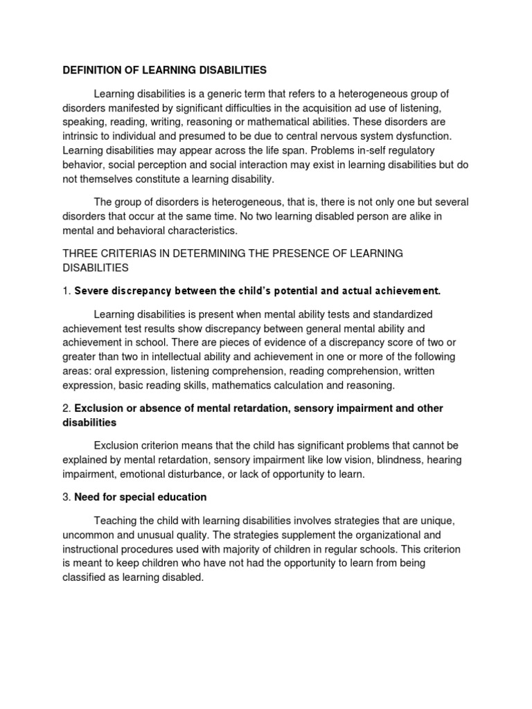 Definition of Learning Disabilities | PDF | Learning Disability | Attention