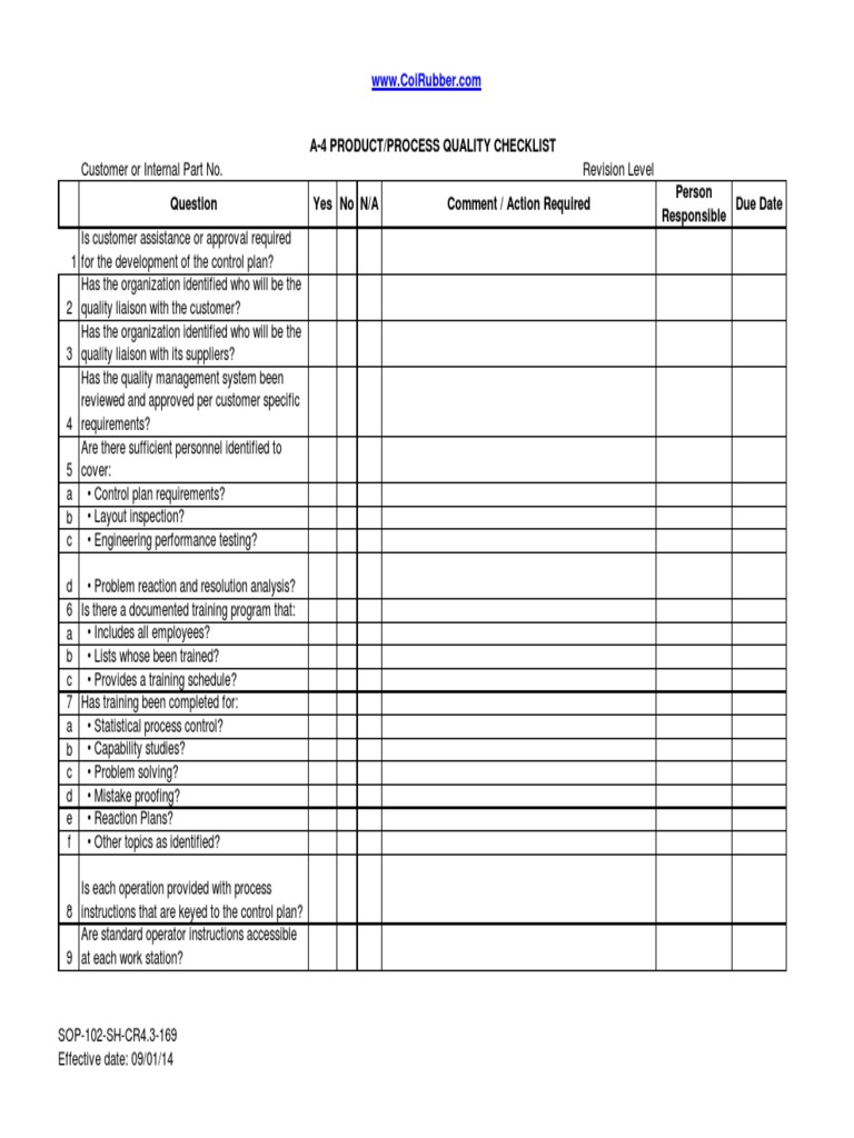 A-4 Product/Process Quality Checklist Person Responsible Due Date | PDF ...
