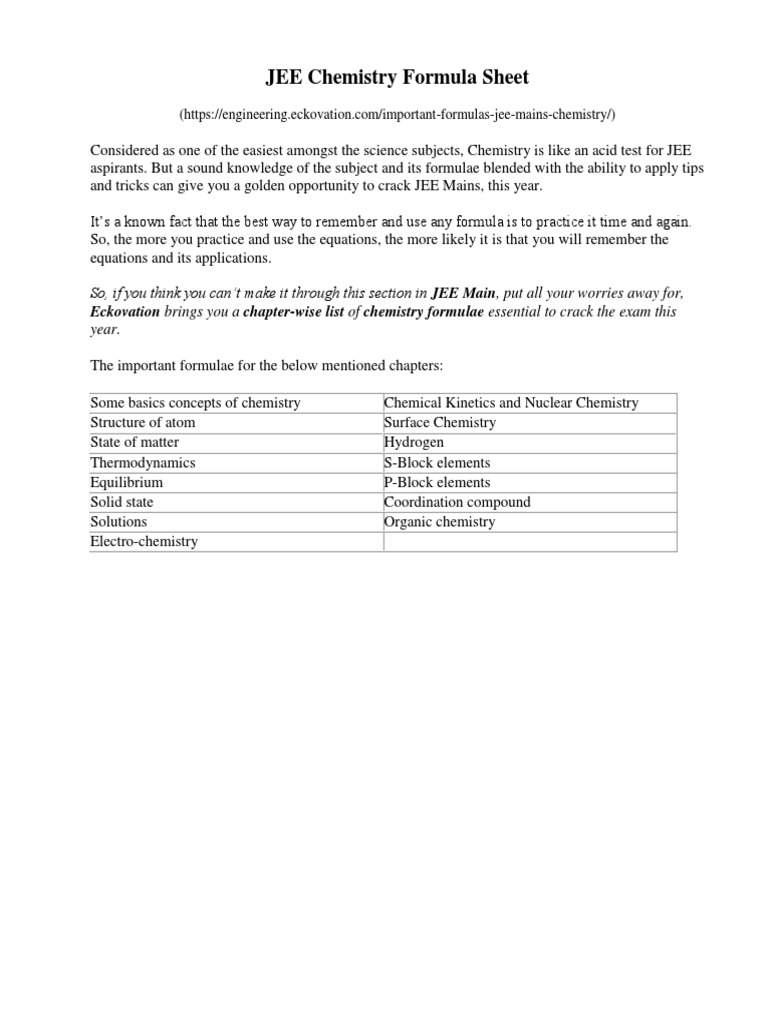 JEE Chemistry Formula Sheet 1 | PDF