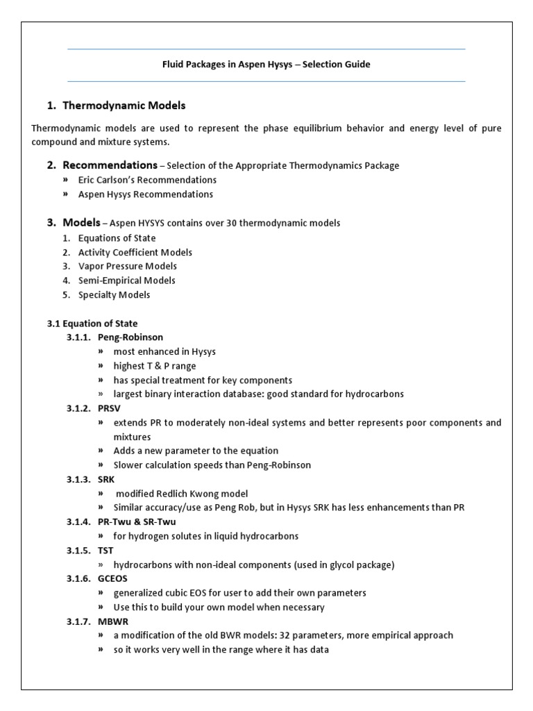 Fluid Packages in Aspen Hysys | PDF | Chemical Process Engineering ...
